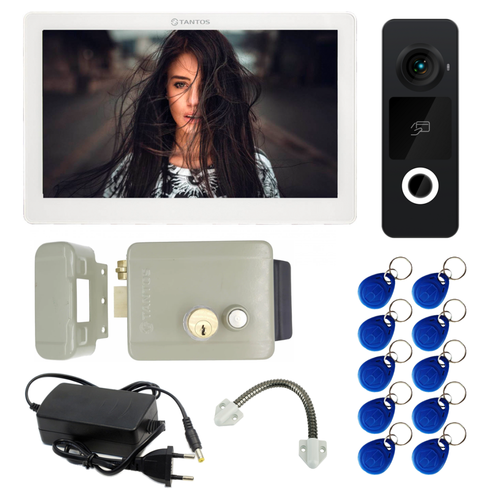 Комплект видеодомофона Tantos NEO HD SE Tuya WiFi (белый) с замком на калитку и бесконтактными ключами (панель графит)