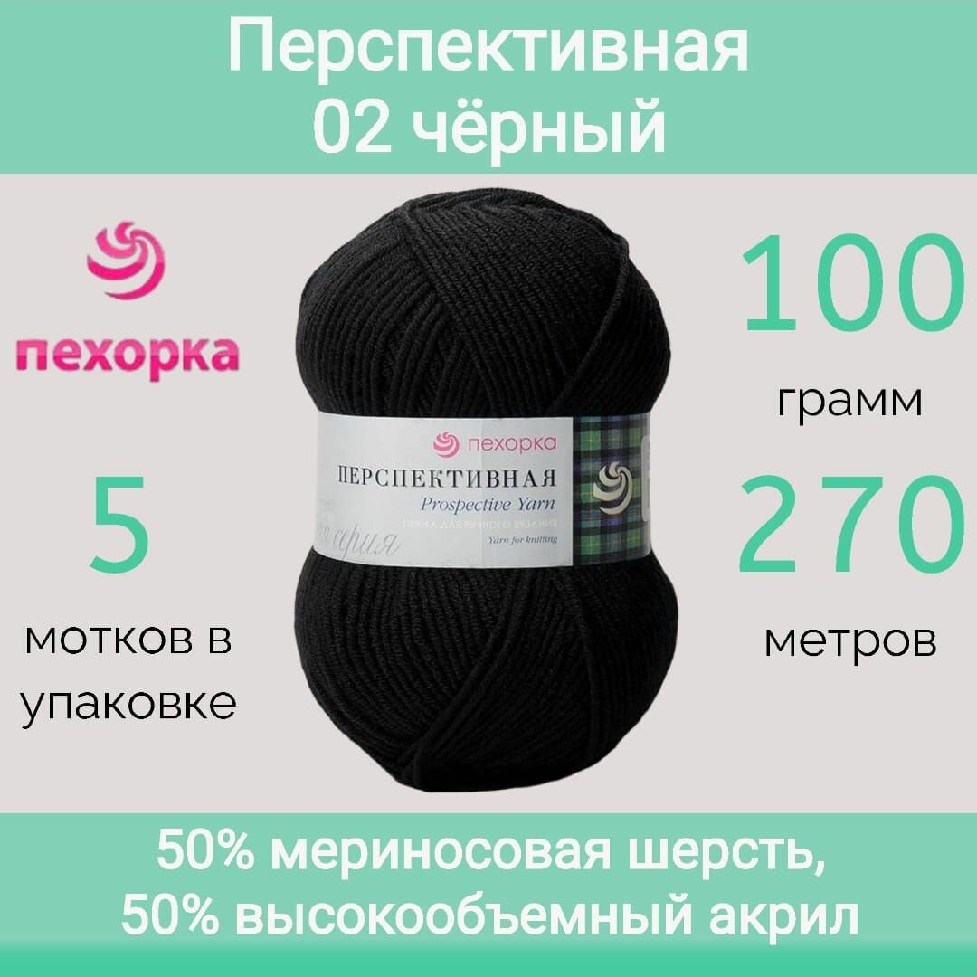 Пряжа Пехорка Перспективная 02 черный (100г/270м, упаковка 5 мотков)