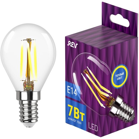 Лампочка светодиодная Rev filament, шар, G45, теплый свет, 7Вт, E14, 2700K, 695Лм, 32482 9