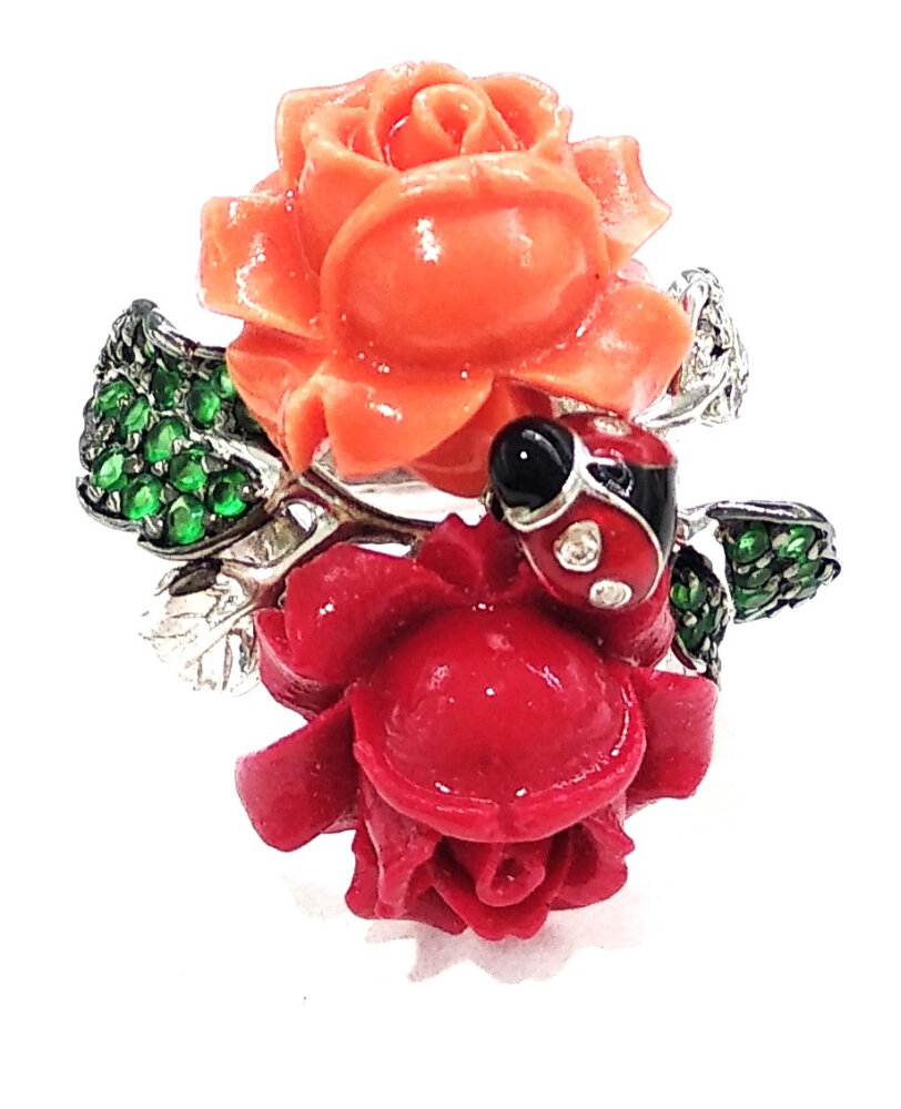 Кольцо, серебро, 925 проба, родирование, фианит, эмаль, коралл прессованный