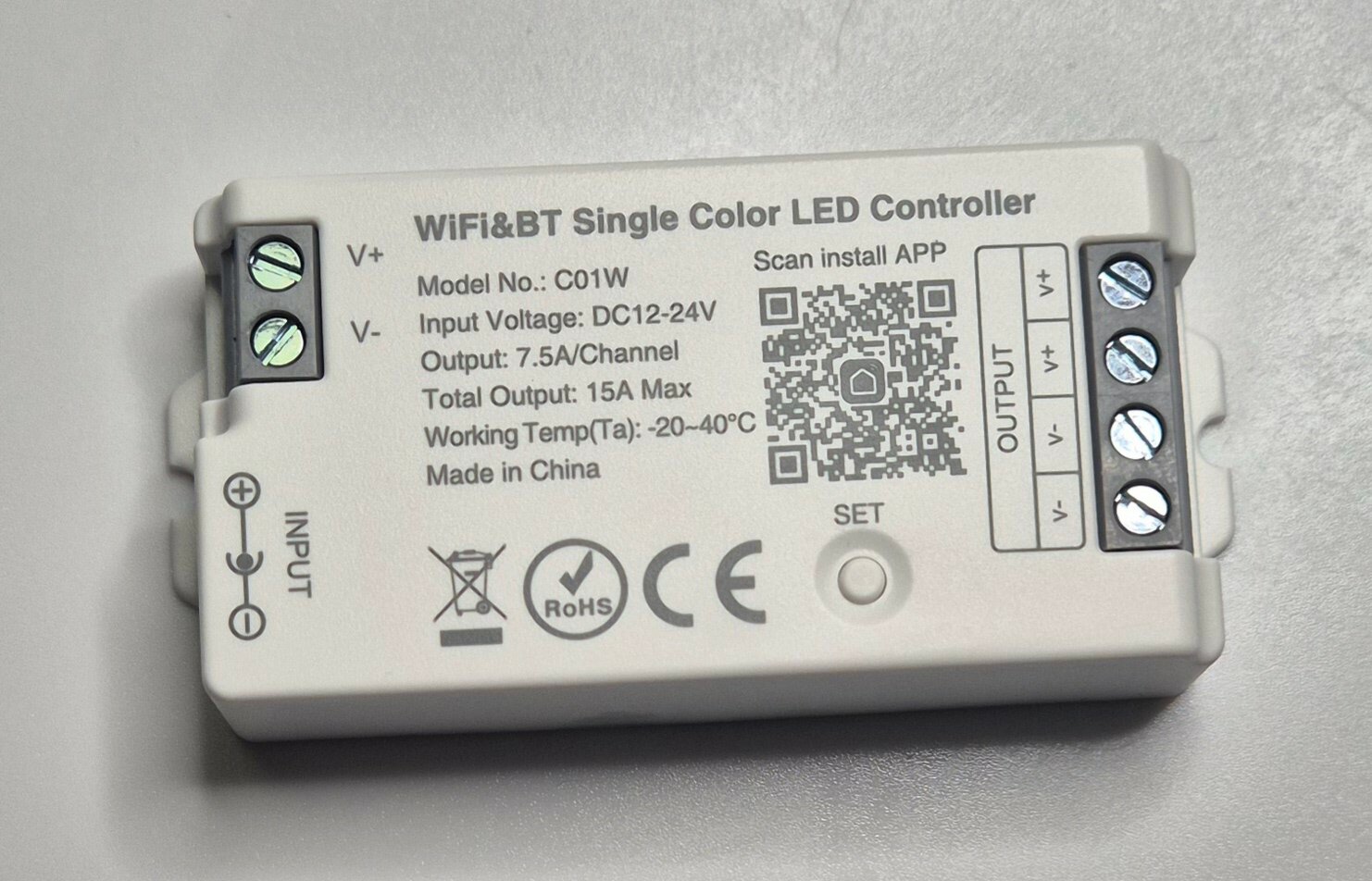 Контроллер управления WIFI/BT для монохромной ленты 15А 12-24V 180-360W TUYA, Smart Life