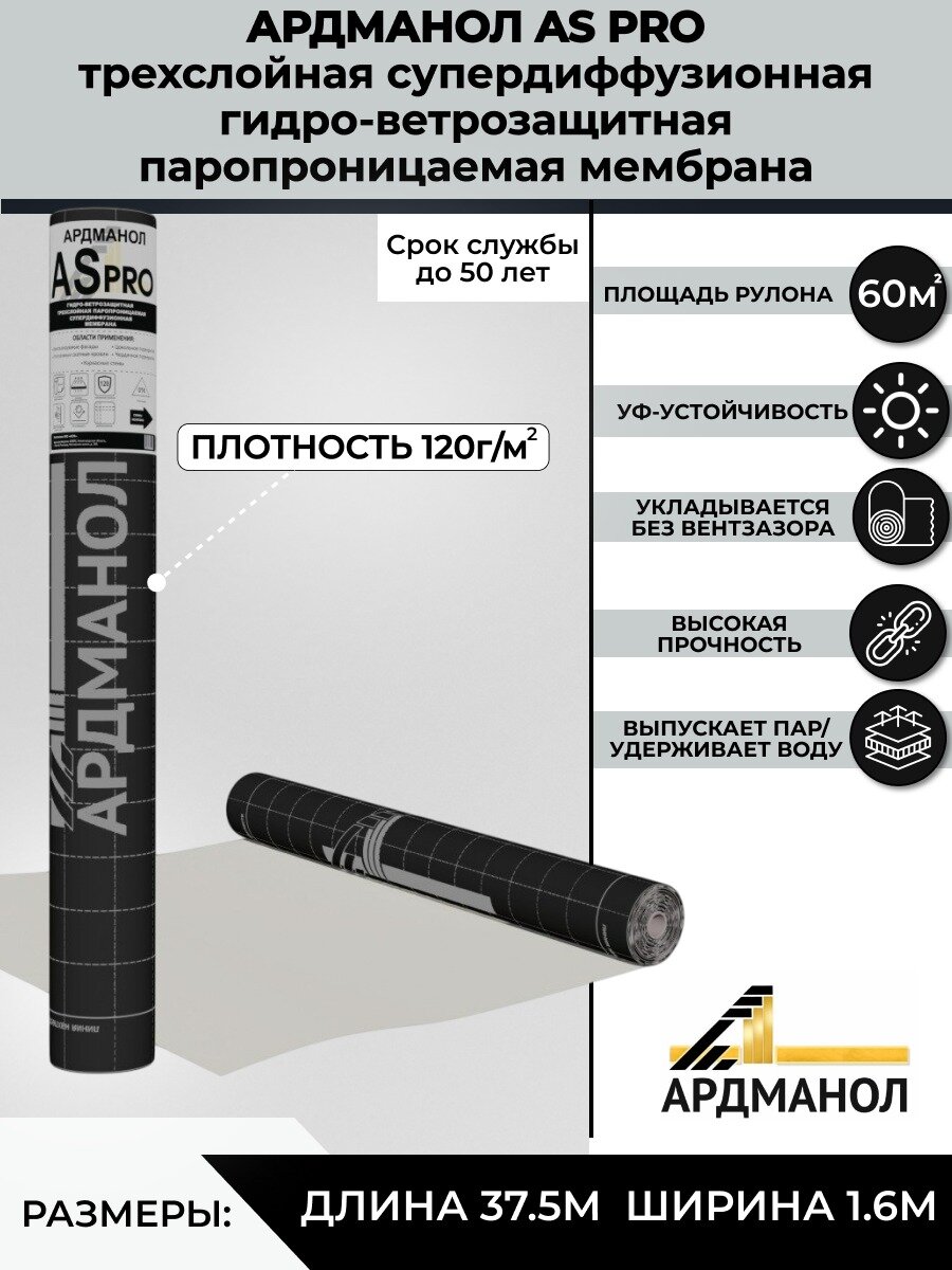 Супердиффузионная, гидро-ветрозащитная трехслойная, усиленная мембрана ардманол AS Pro 60м2
