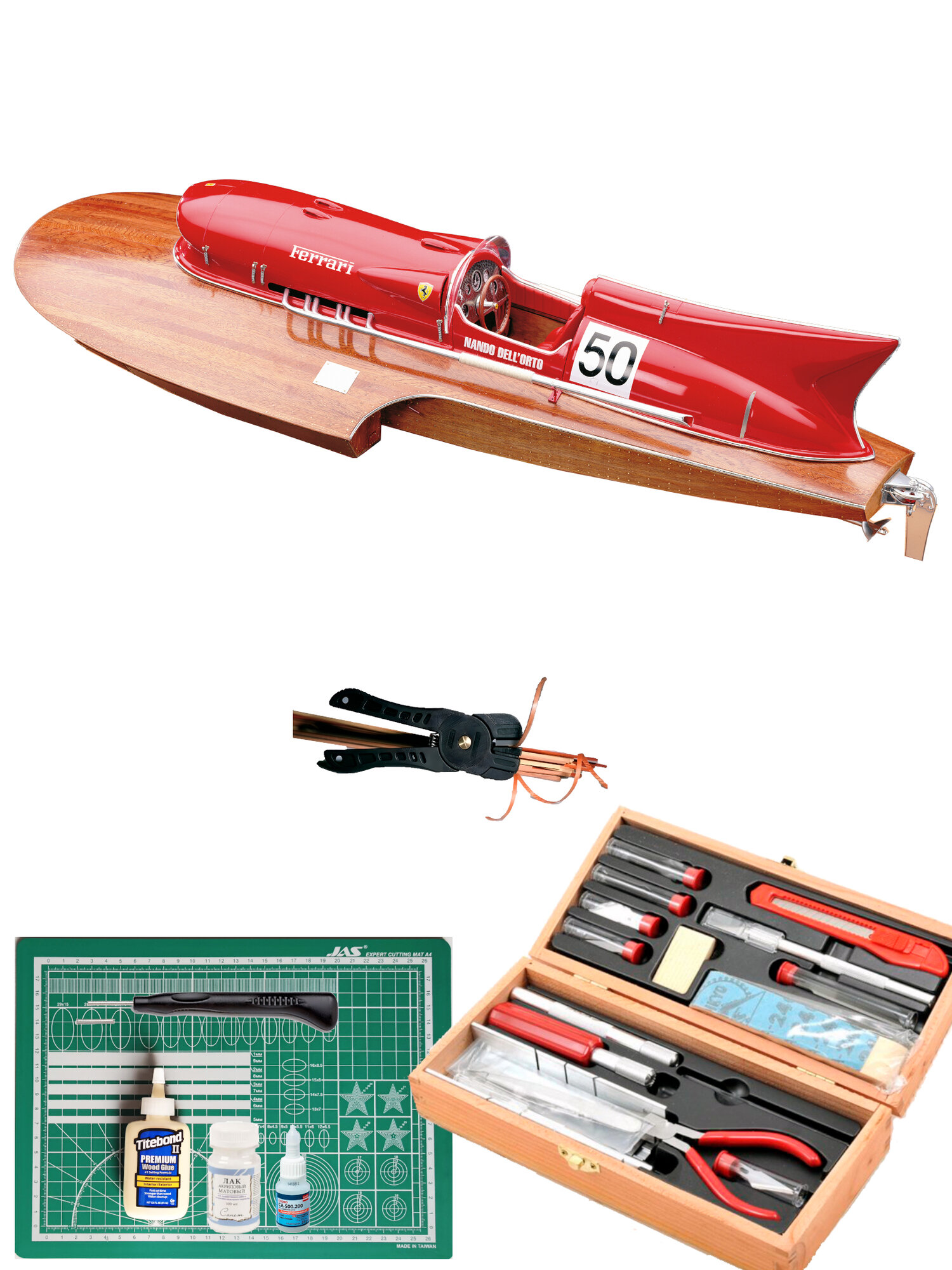 Сборная модель катера Ferrari Arno XI Limited Edition от Amati, 790 мм, подарочный набор, инструменты, краски, лак, клея