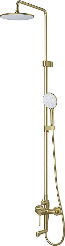 Душевая стойка IDDIS Aiger AIGMG3Fi06 со смесителем, золотая, матовая, с тропическим душем, с изливом, с лейкой, душевая система, латунная, рычаг сбоку