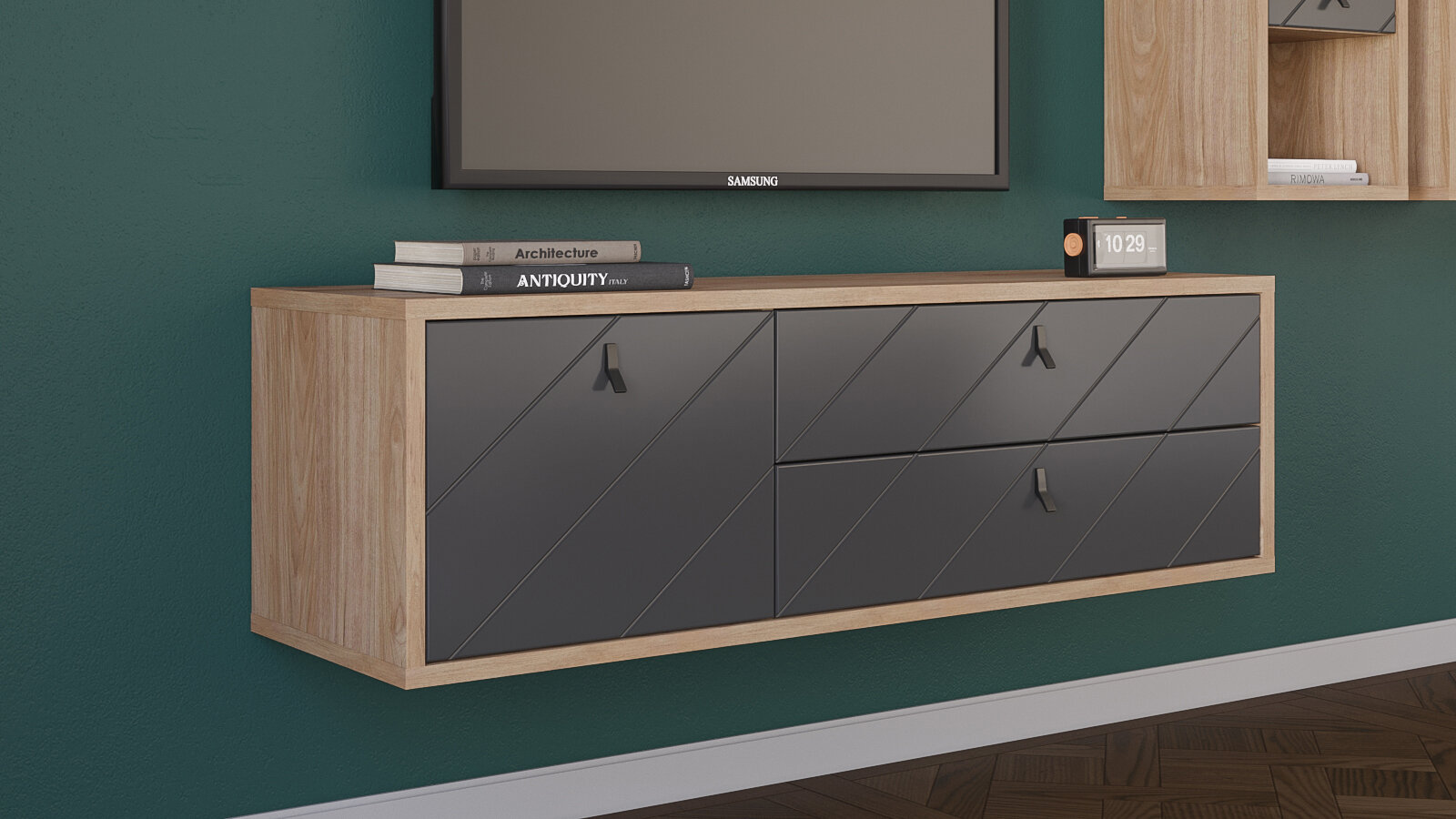 Тумба навесная однодверная с ящиками Askona (Аскона) Agira (Агира) 135x42x41 Гикори кингстон+Антрацит