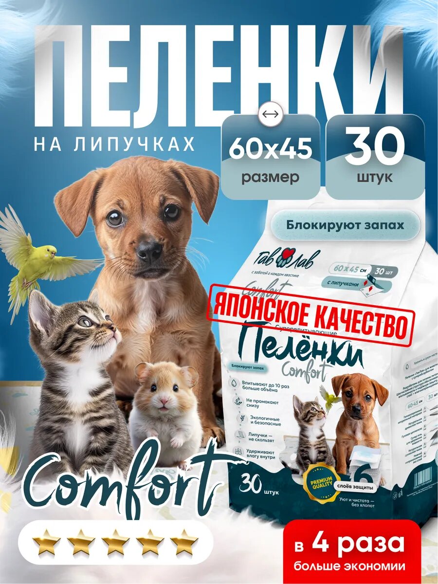 Пеленки для собак одноразовые гелевые 60х45 30 штук