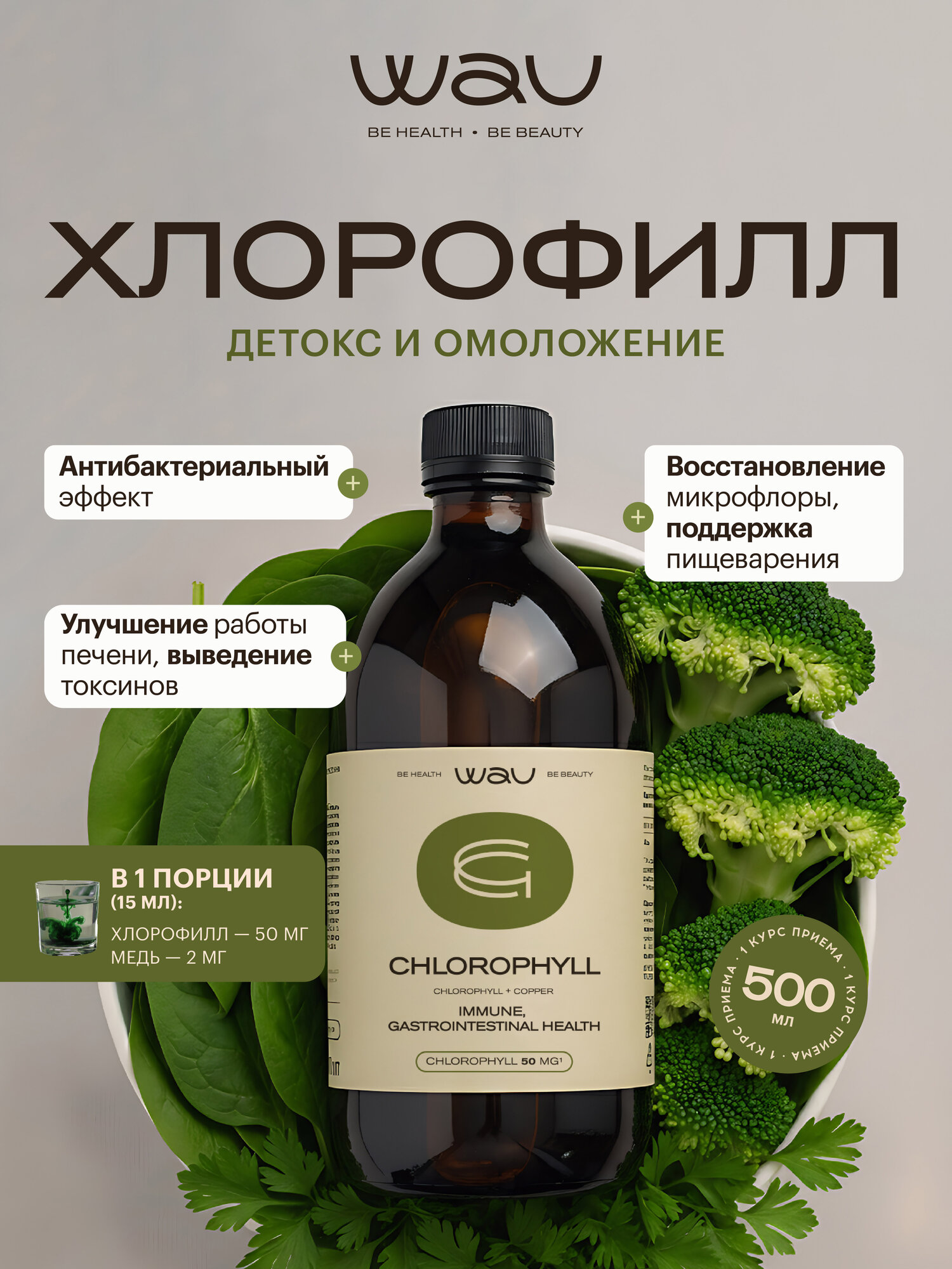 WAU Хлорофилл жидкий пищевой, Сhlorophyll 500 мл, детокс, очищение организма