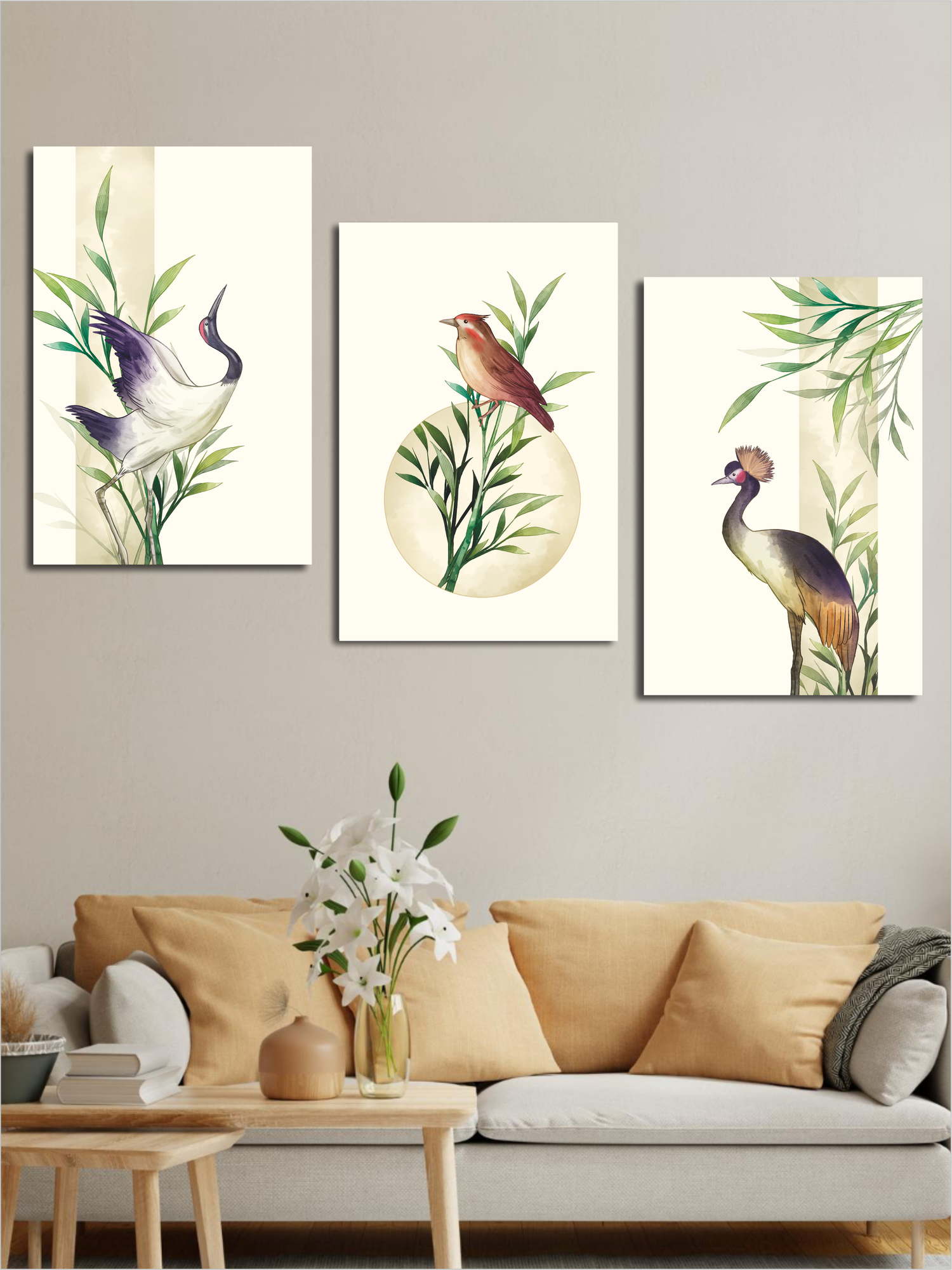 Модульная картина для интерьера на стену минимализм. Журавли в зеленых листьях и птичка на ветке 50х75 см - 3 штуки на холсте на подрамнике