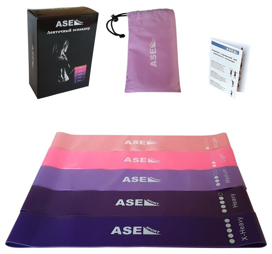 Фитнес резинки набор стандартной длинны /эспандер ленточный / для спорта / йоги / пилатеса / 60х5см ASE RB set4 розовый