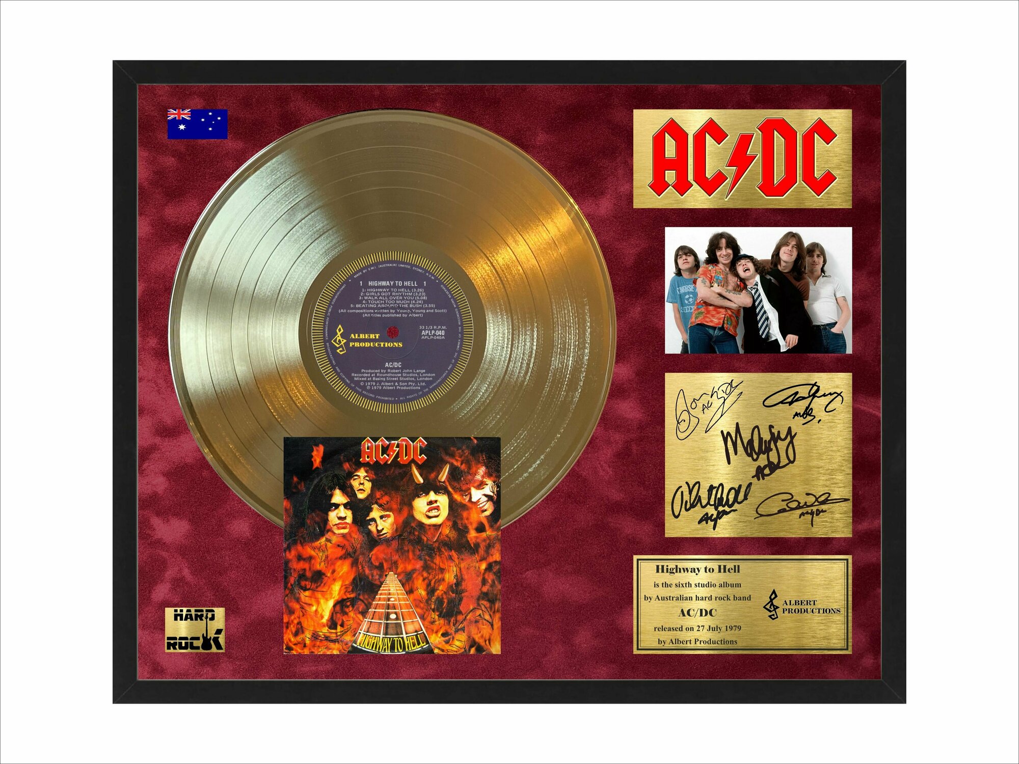 AC/DC Highway to hell золотая виниловая пластинка в рамке и автографы музыкантов