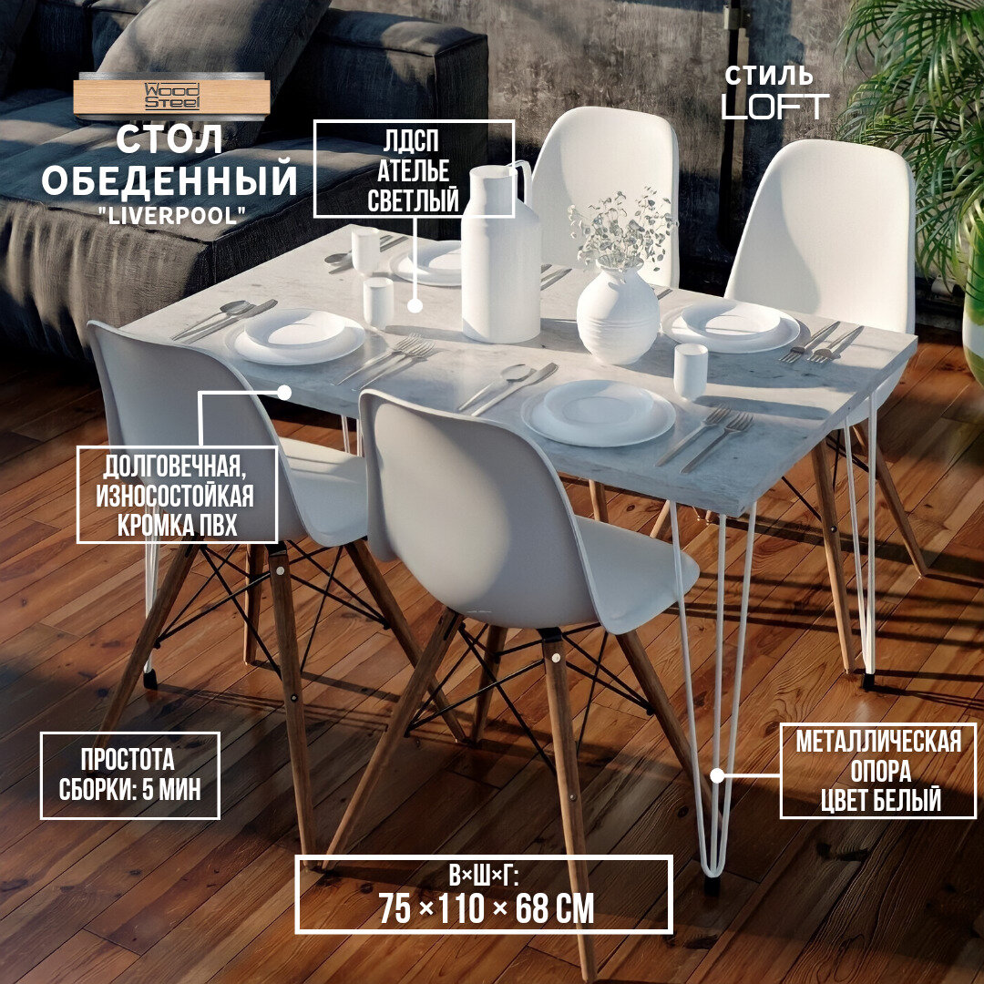Стол кухонный в стиле Лофт от WOODSTEEL 110х68х75 см. Белый / Стол обеденный в стиле лофт нераскладной икеа ikea / Обеденный, кухонный стол / Мебель для кухни, гостиной лофт / Стол, столы мебель для кухни, гостиной лофт икеа ikea / Подарок