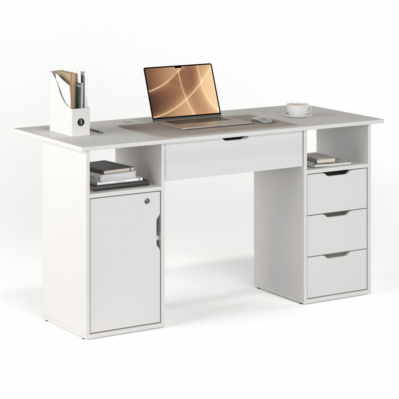 Двухтумбовый письменный стол с тремя узкими и одним широким ящиками и дверцей с замком МагМебель №75Я белый