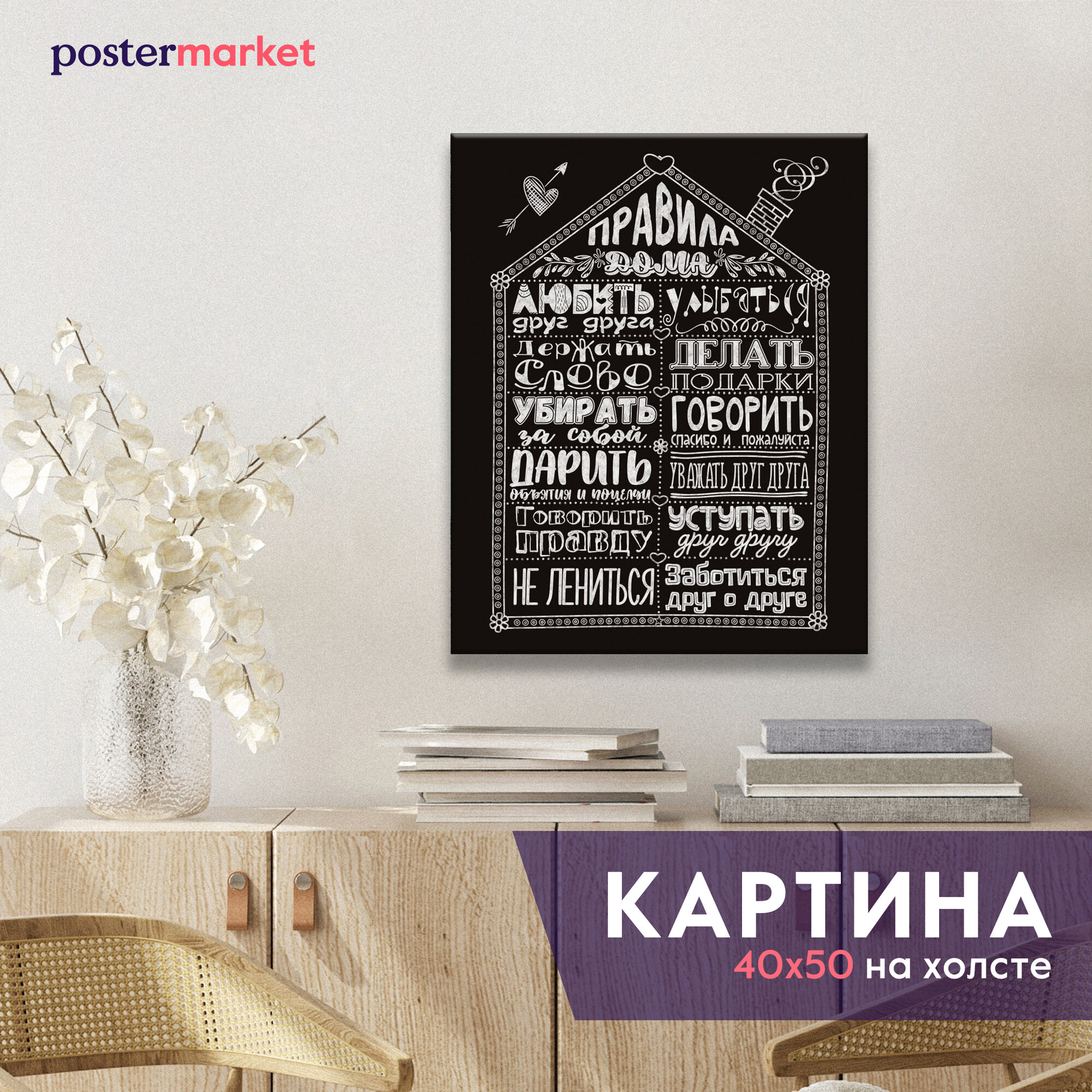 Картина Postermarket "Правила Дома", на холсте, на подрамнике, 40x50см