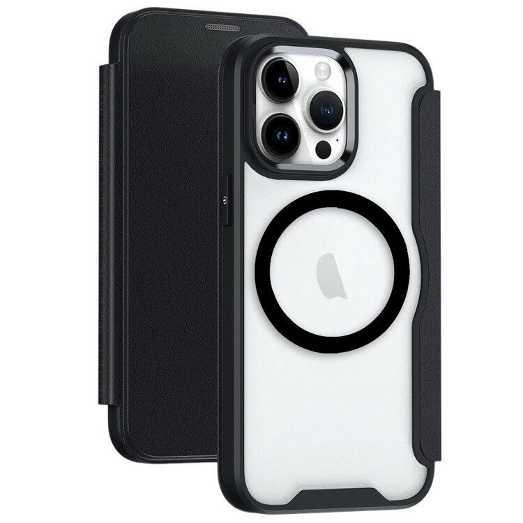 Чехол книжка для iPhone 14 Pro Max с MagSafe RFID с прозрачной панелью и разъемами под карточки (Black)