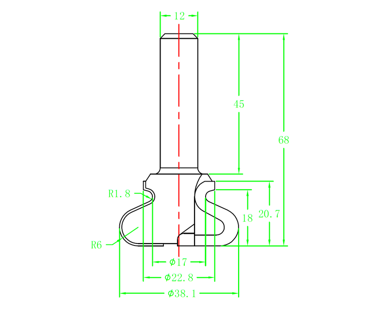 Фреза по древесине, фанере ручка алмазная PCD R1.8=1 R2=6 D=38.1x20.7x68 S=12 Rotis 555382.02