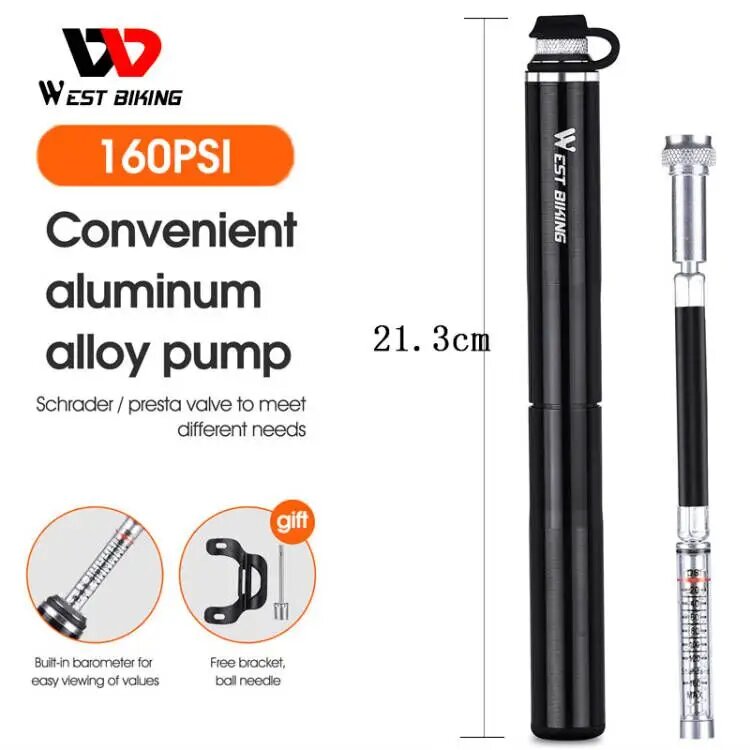 West Biking Портативный велосипедный насос 160/130Psi 1138-Black