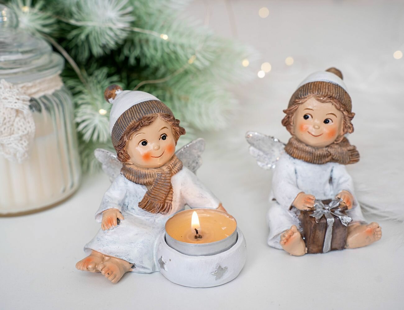 Декоративные фигурки с подсвечником ангелы уизли С подарком полистоун, 9 см, 2 шт, Swerox Q619-W-набор