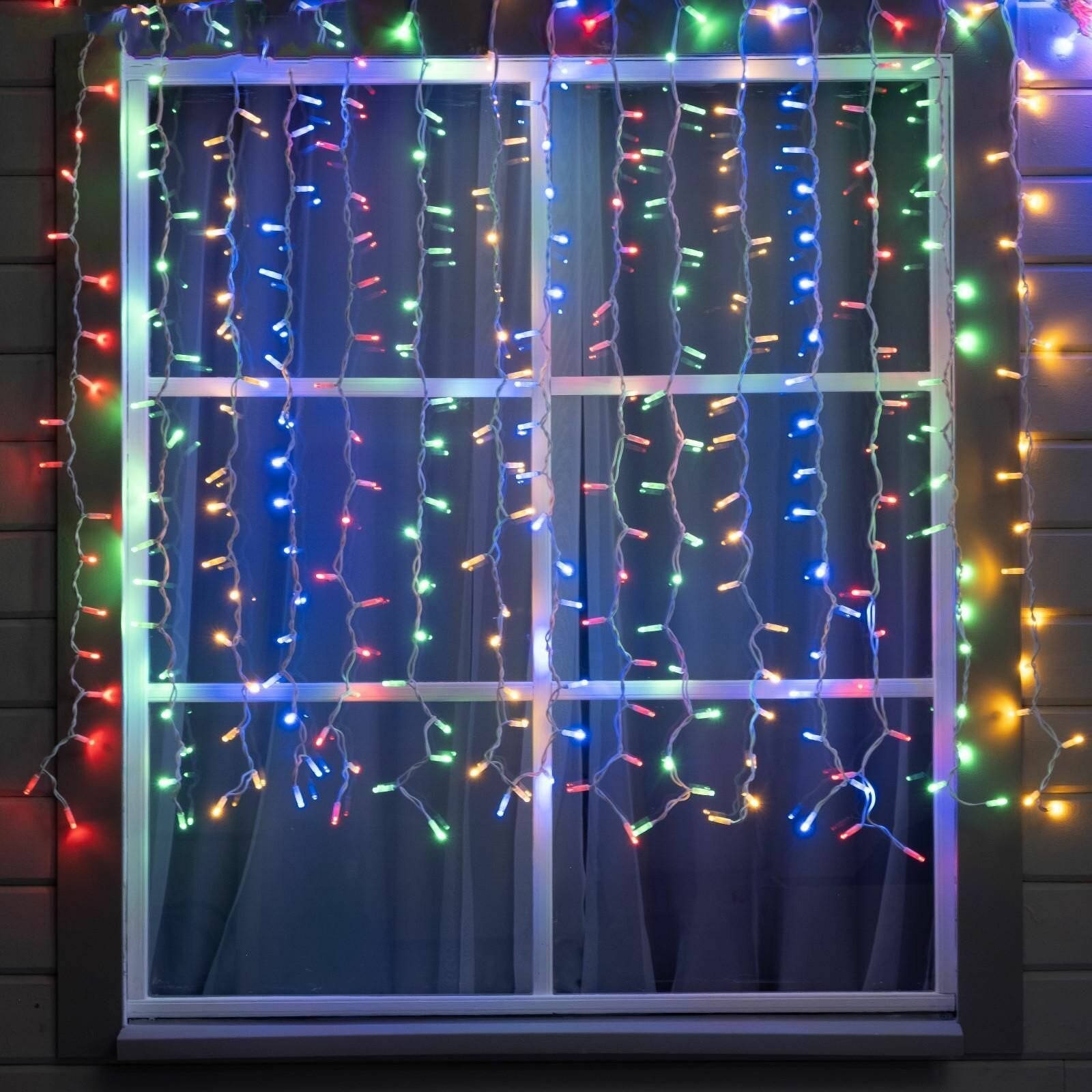 Гирлянда уличная "Занавес", светодиодная электрогирлянда штора на окна и фасад, праздничный декор украшение для дома и улицы, 2 х 1.5 м , IP65, УМС, белая нить каучук, 300 LED свечение мульти 220 В
