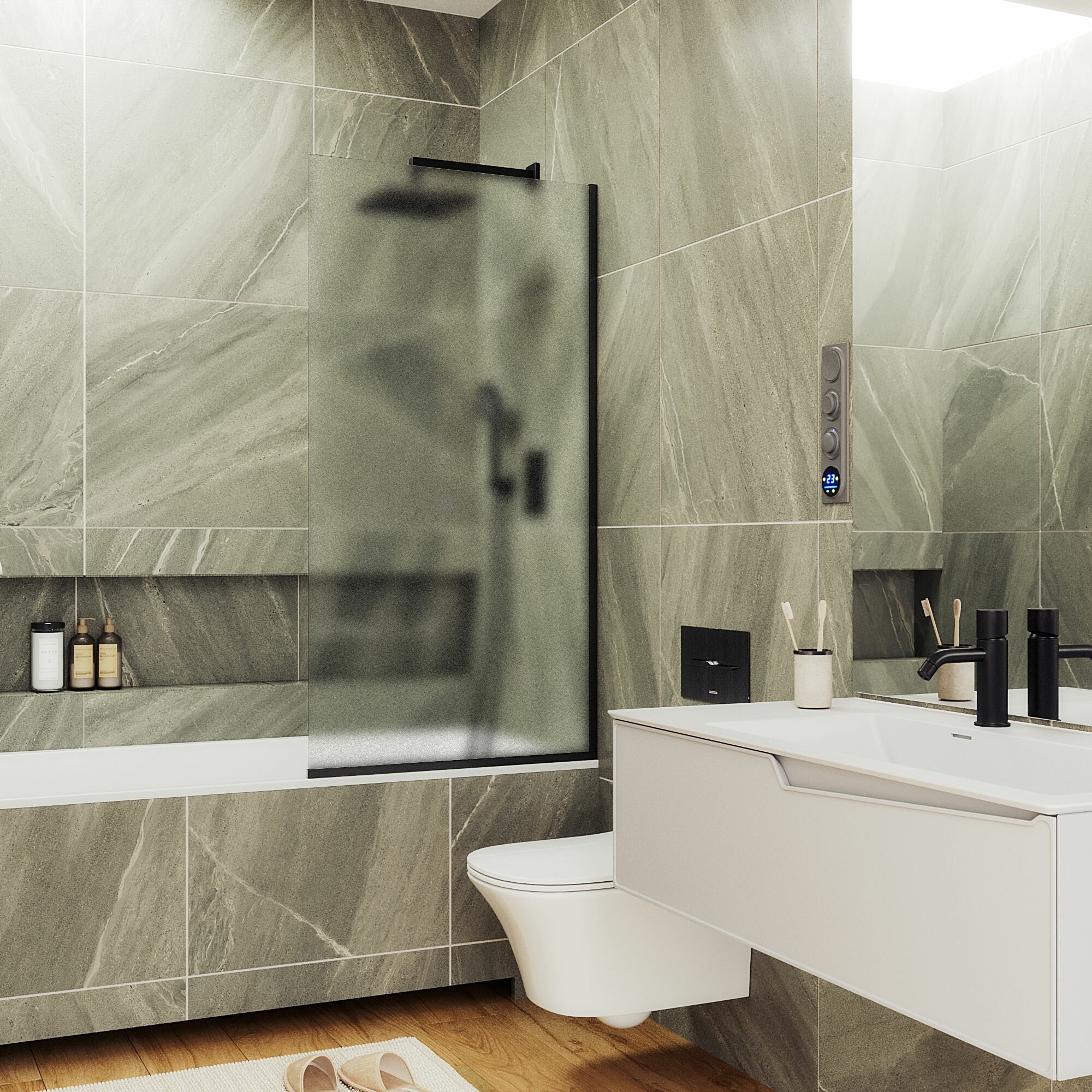 Шторка на ванну MaybahGlass в узком профиле, 8 мм, Стекло Сатин, 60x140 (MGV-92-6у)