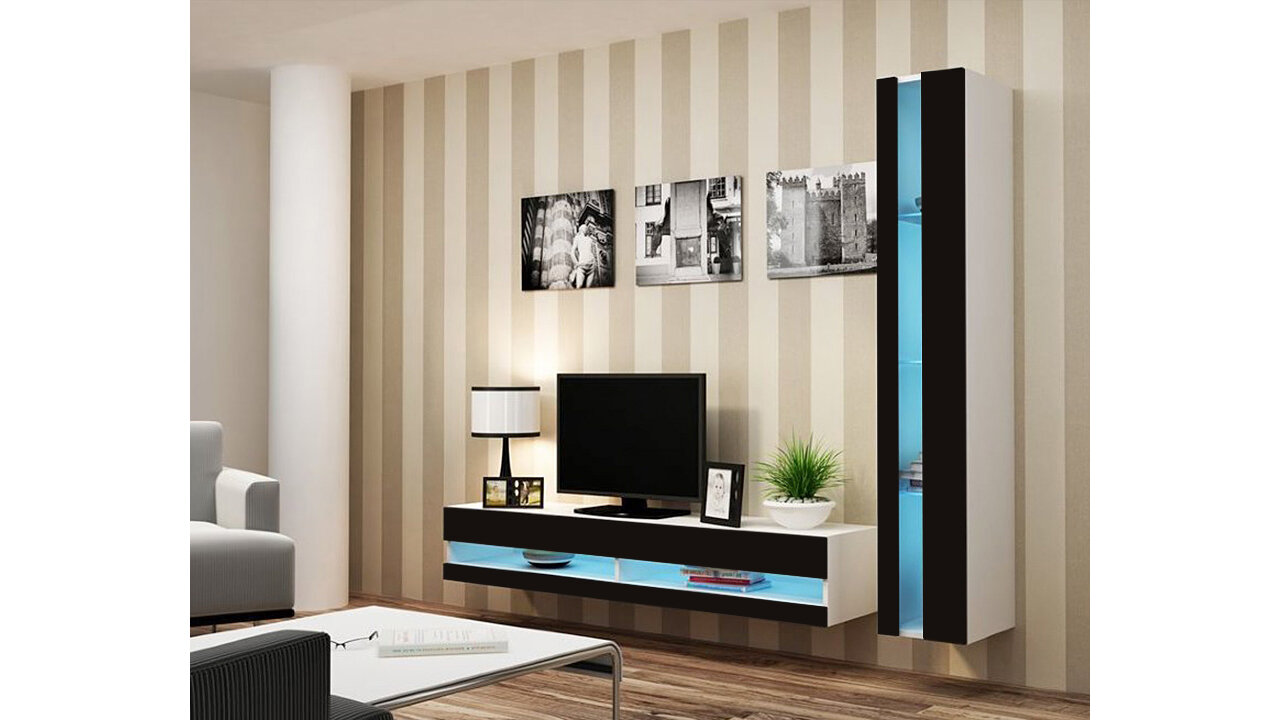 Гостиная Виго нью 8 Черный 0190 / Белый Фасадный 0101 NEW 220x42x180 см, черный, белый фасадный Фиеста