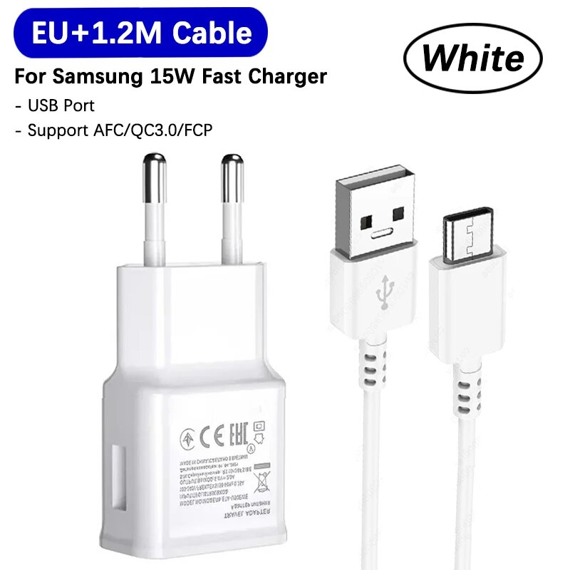Быстрое зарядное устройство Samsung 15 Вт, адаптер питания для быстрой зарядки, White-EU With Cable