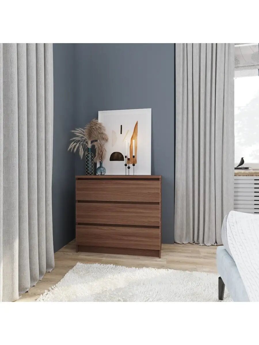 Комод КМК, на 3 выдвижных ящика, ЛДСП, шариковые направляющие, ясень шимо, коричневый
