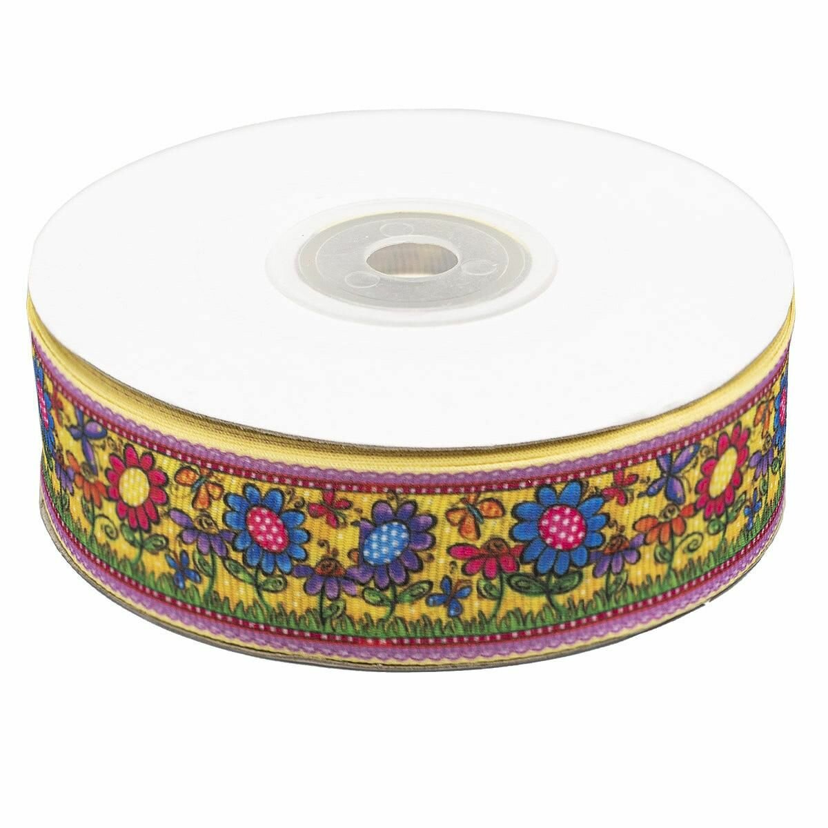 Лента айрис "Ромашки и бабочки", репсовая, 2,5 см, 22,86 м