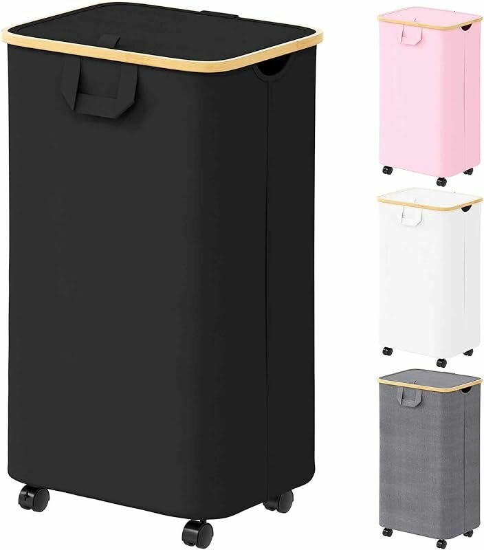 Корзина для белья SpaceAid с колесами и крышкой, 26 галлонов (100 л) с бамбуковым ручкой, большая корзина для белья для спальни, ванной, общежития, прачечной - черная