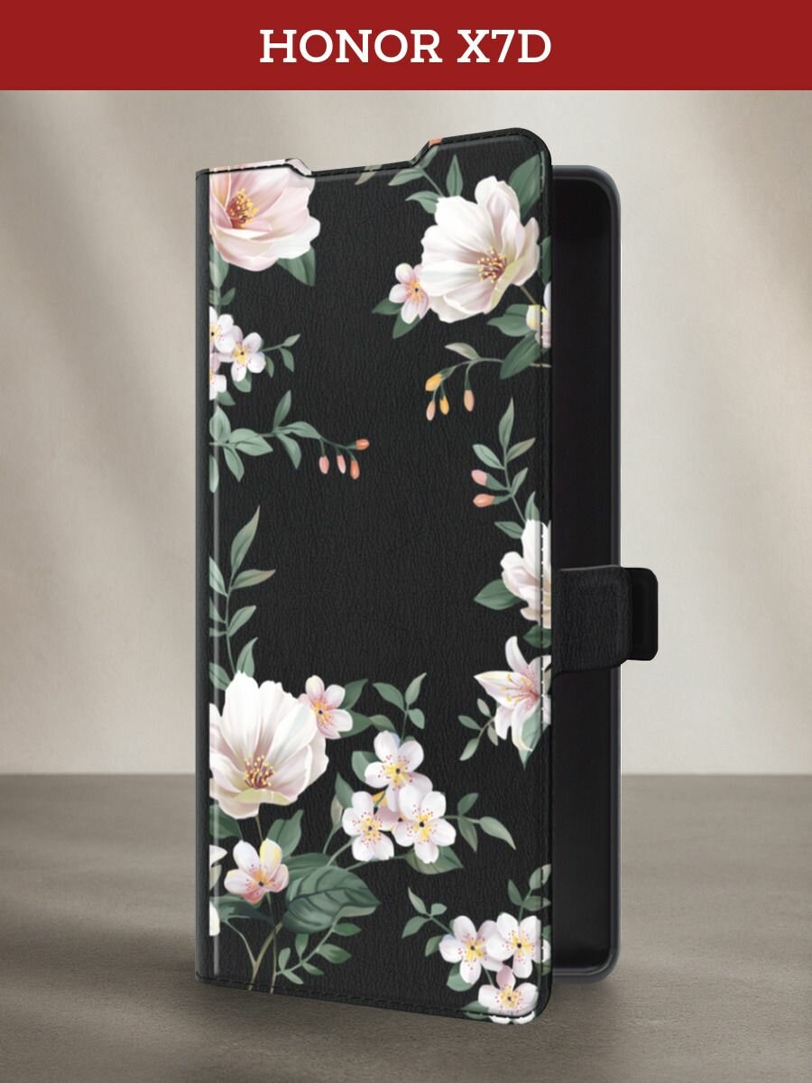 Чехол-книжка на Honor X7d / Хонор X7d с рисунком Beautiful white flowers, черный
