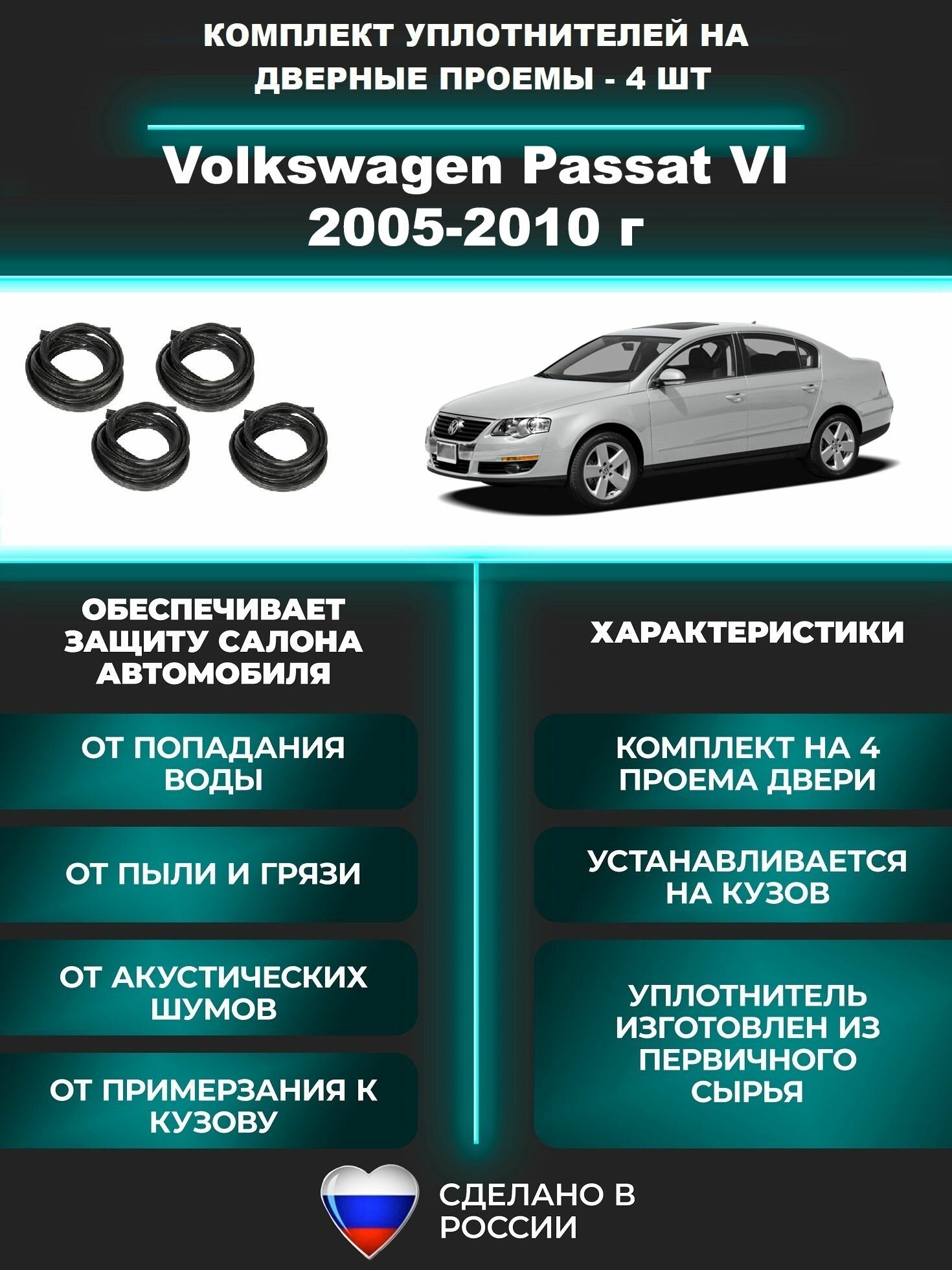 Комплект уплотнителей на проем дверей для Volkswagen Passat VI 2005-2010 г, Фольксваген Пассат 6, 4 шт