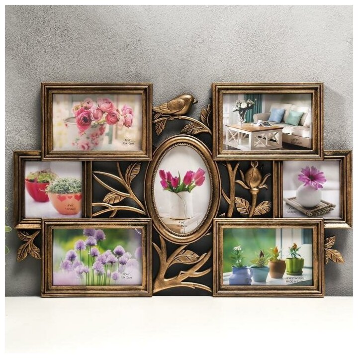 Фоторамка - коллаж на 7 фото 10×10 см, 10×15 см «Птица и шиповник», пластик, золото, 33.5×52 см