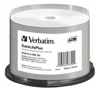 Диск DVD-R Verbatim 4.7Gb 16x Cake Box (50 штук), Printable (43744)