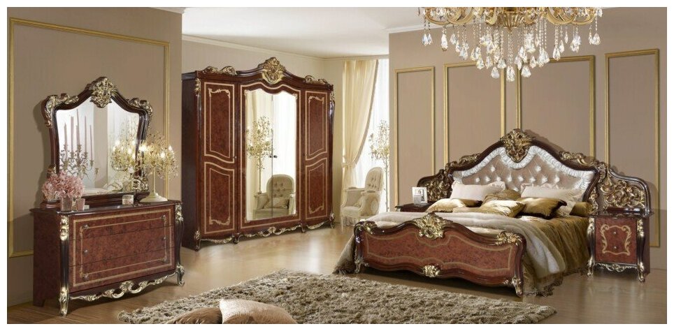 Спальный гарнитур Диа Джоконда цвет: орех глянец(кровать 180х200, шкаф 4дв, тумбочки 2шт, комод с зеркалом)