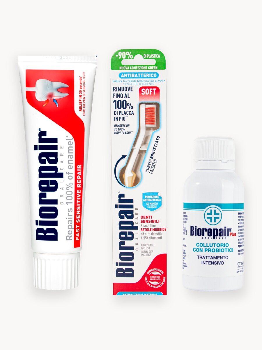 Набор Biorepair Зубная паста Fast Sensitive, 75 мл, Зубная щетка Denti Sensibili, поласкиватель, 30 мл