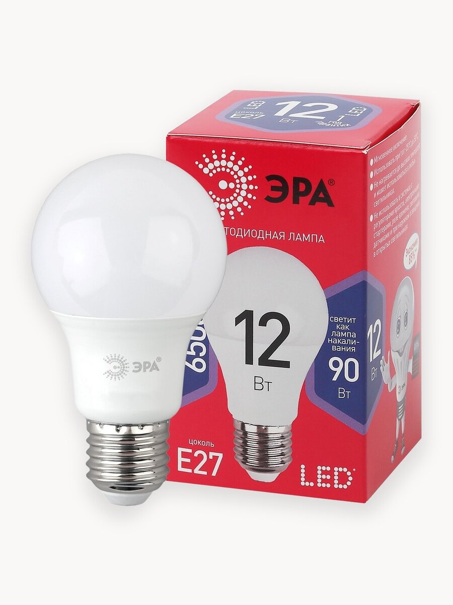 Лампочка светодиодная ЭРА LED Е27 A60 12Вт груша 6500К холодный белый свет, 1 шт
