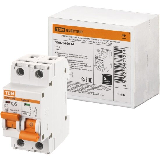Автоматический выключатель Tdm Electric с мех. блок. (байпас) ВА47-29Б 1Р+1Р 6А 4,5кА х-ка C, SQ0206-0414