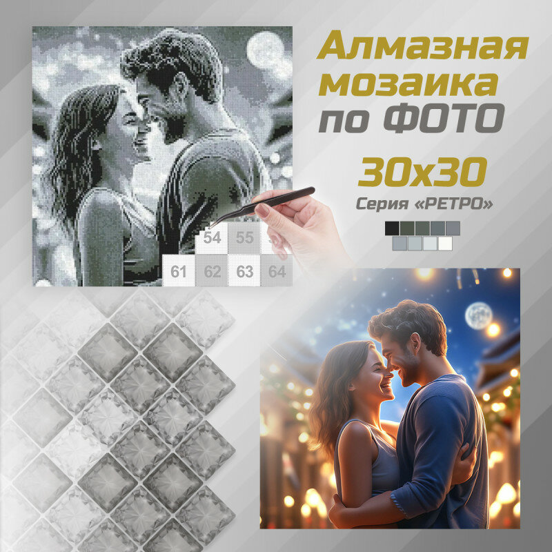 Алмазная фотомозаика на подрамнике Белоснежка ФотоМозаика / Черно-белая /Набор алмазной мозаики 30х30 /Полная выкладка