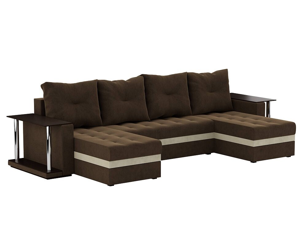 Угловой диван Атланта П с двумя 2 столами Коричневый Микровельвет, дельфин, 366х156х75 см, с ящиком для белья