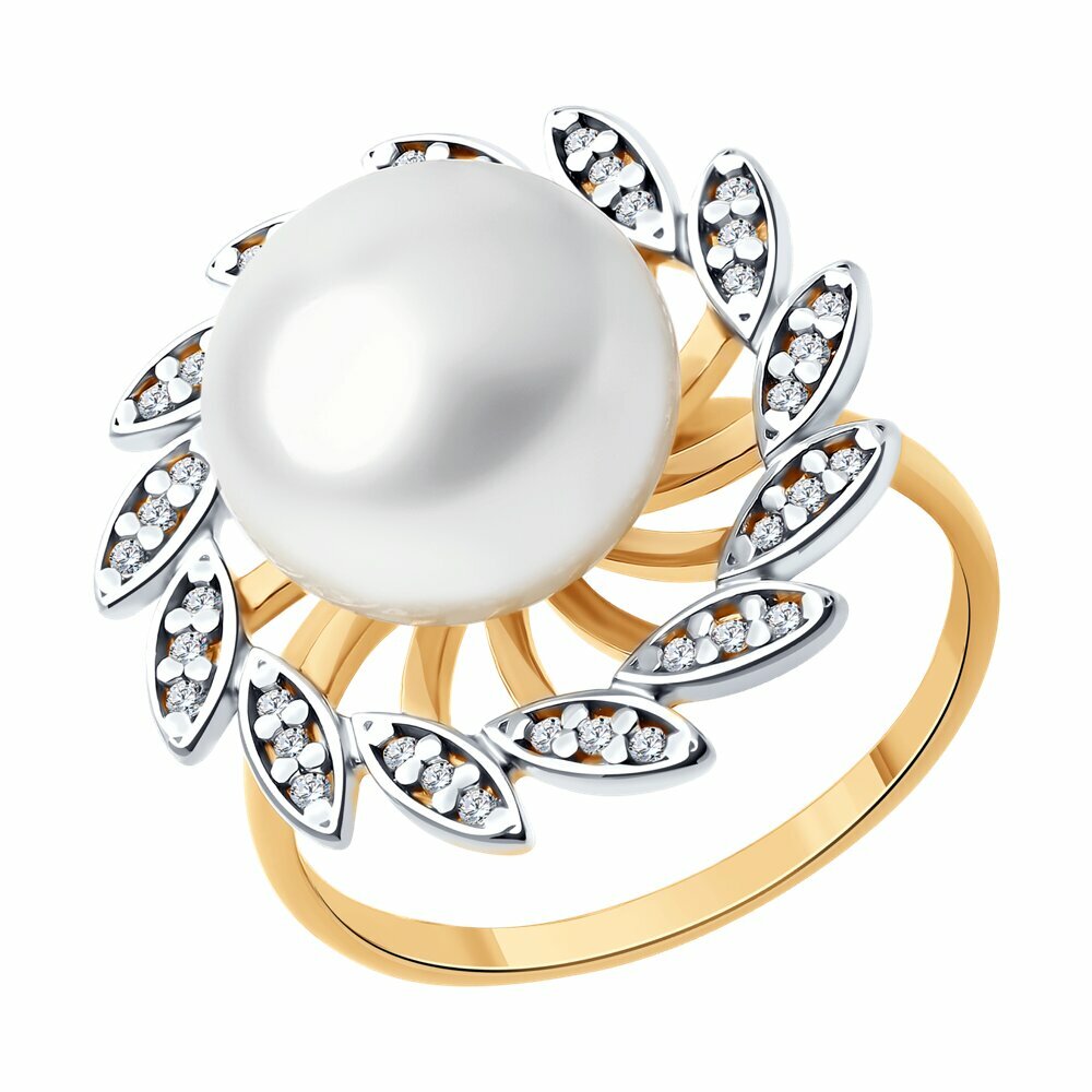 Кольцо, серебро, 925 проба, золочение, фианит, жемчуг пресноводный культивированный