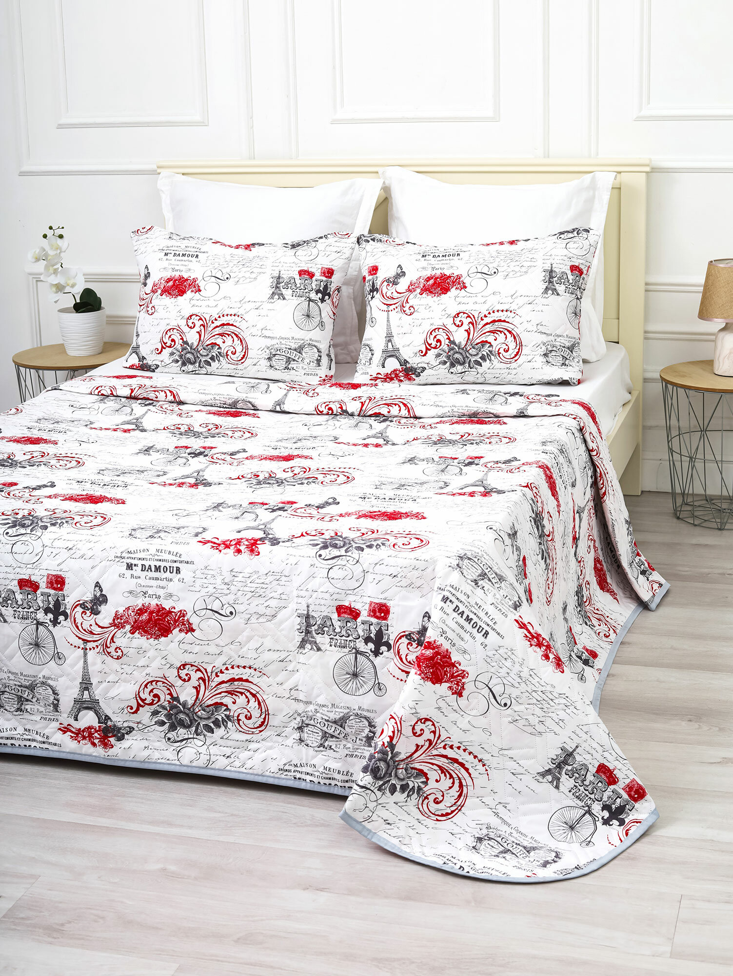 Покрывало стеганое из полисатина PLB-054 Elintale (кремовый-красный), 200x215