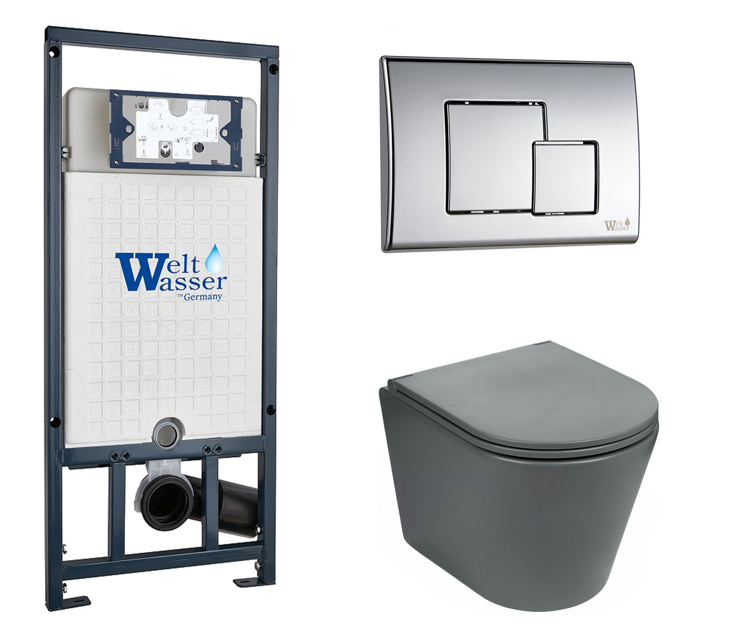 Комплект 3 в 1 инсталляция WeltWasser WW Marberg 507 + Подвесной унитаз WeltWasser Salzbach 043 MT-GR серый с кнопкой хром SE 10000011597_