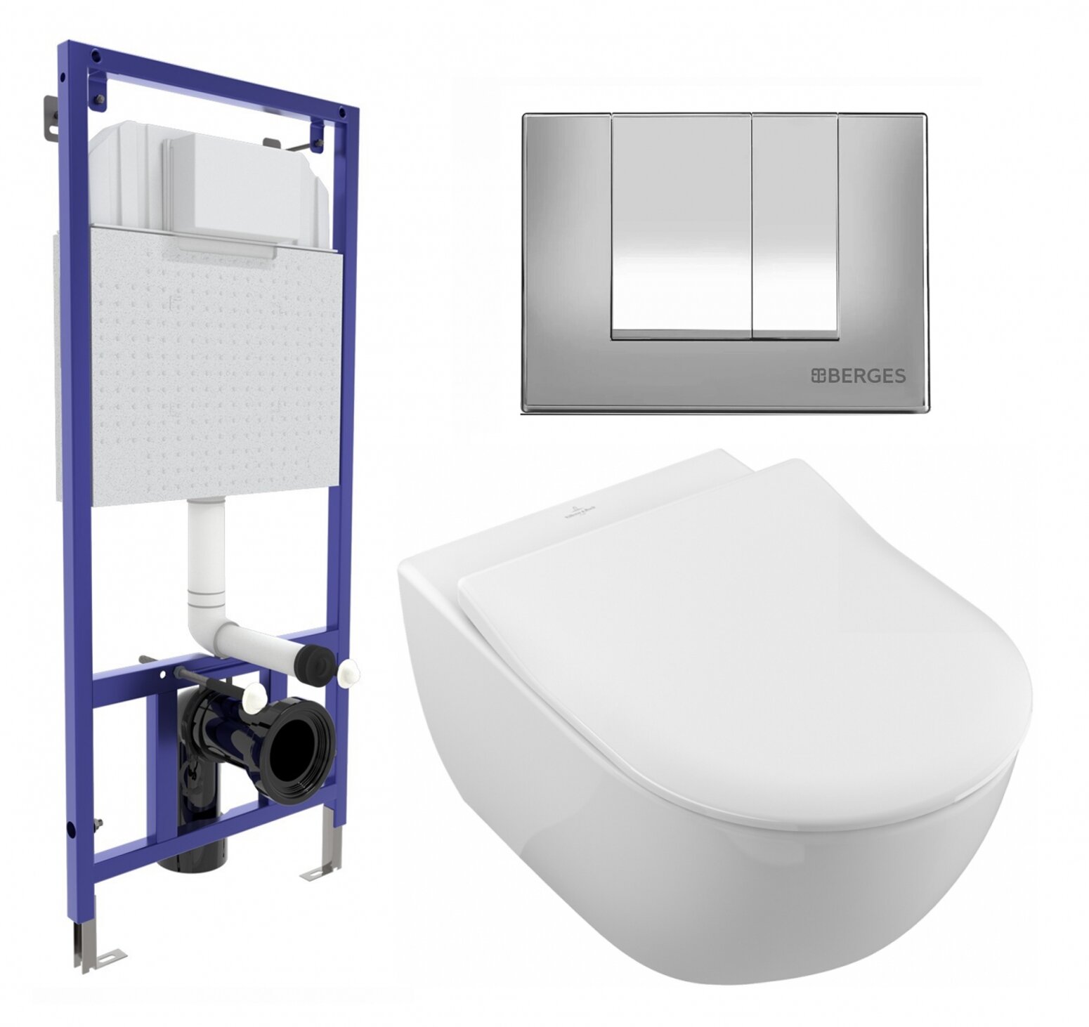 Комплект 3 в 1 инсталляция Berges Wasserhaus Novum 040242 + Унитаз подвесной Villeroy & Boch Subway 2.0 5614R201 + кнопка хром матовая