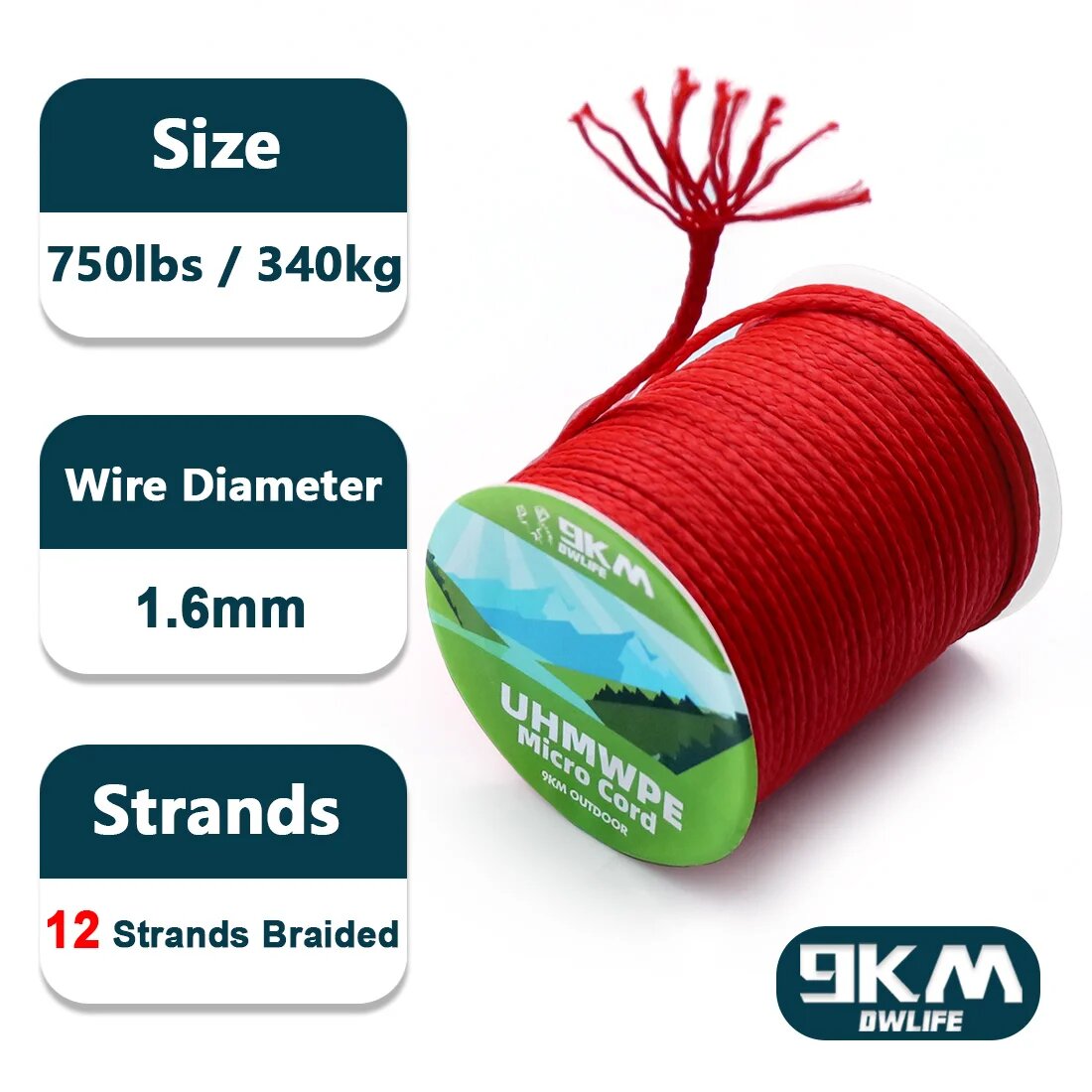 Красный UHMWPE шнур 9KM DWLIFE 1.6mm, 15m, 750lbs