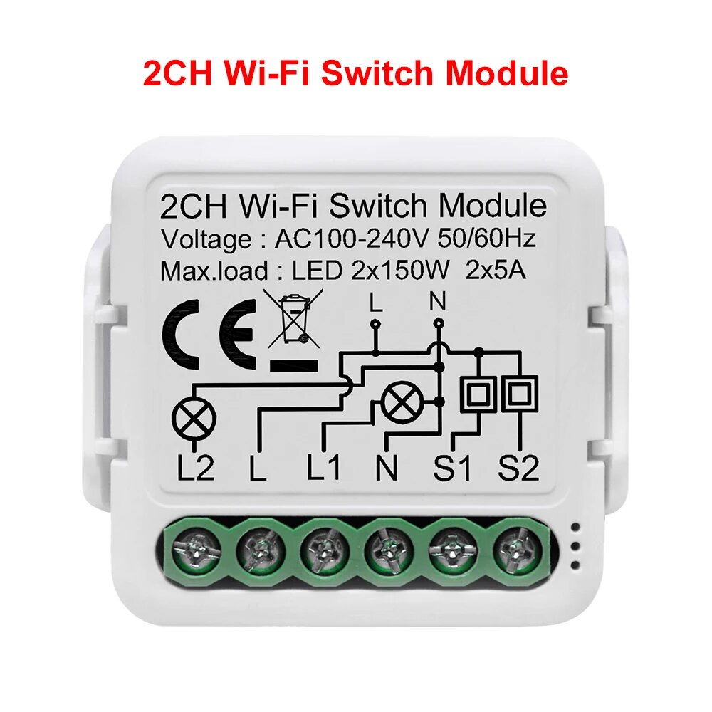 Модуль Wi-Fi реле 2CH 100-240V, 2x5A, Цвет: 2 Gang