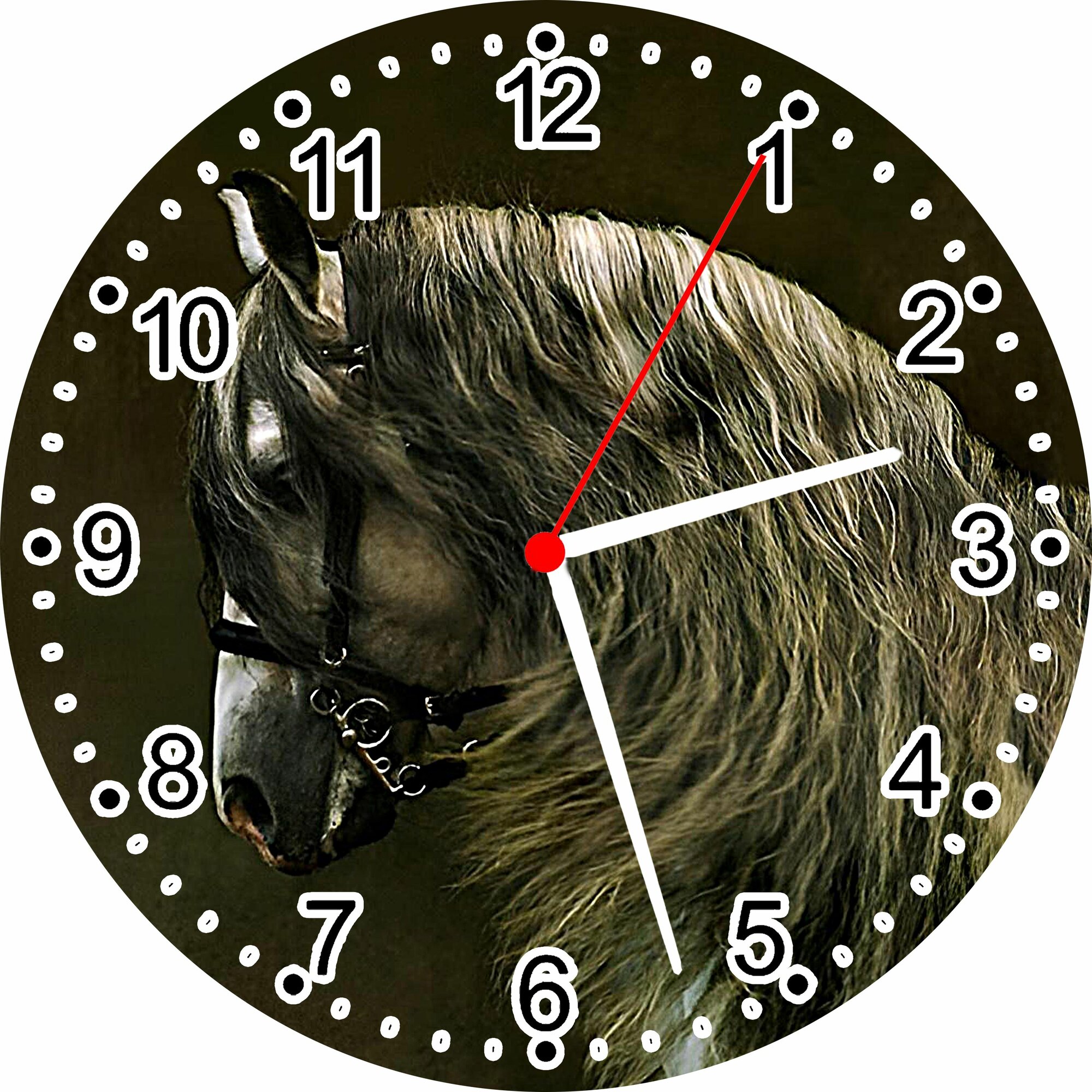 Конь/Лошадь/ Часы из древесины прессованной (МДФ) D-27 см - 5 мм, Настенные и Настольные с подставкой в комплекте , Уникальное фото удивительного прекрасного арабского скакуна, бесшумные