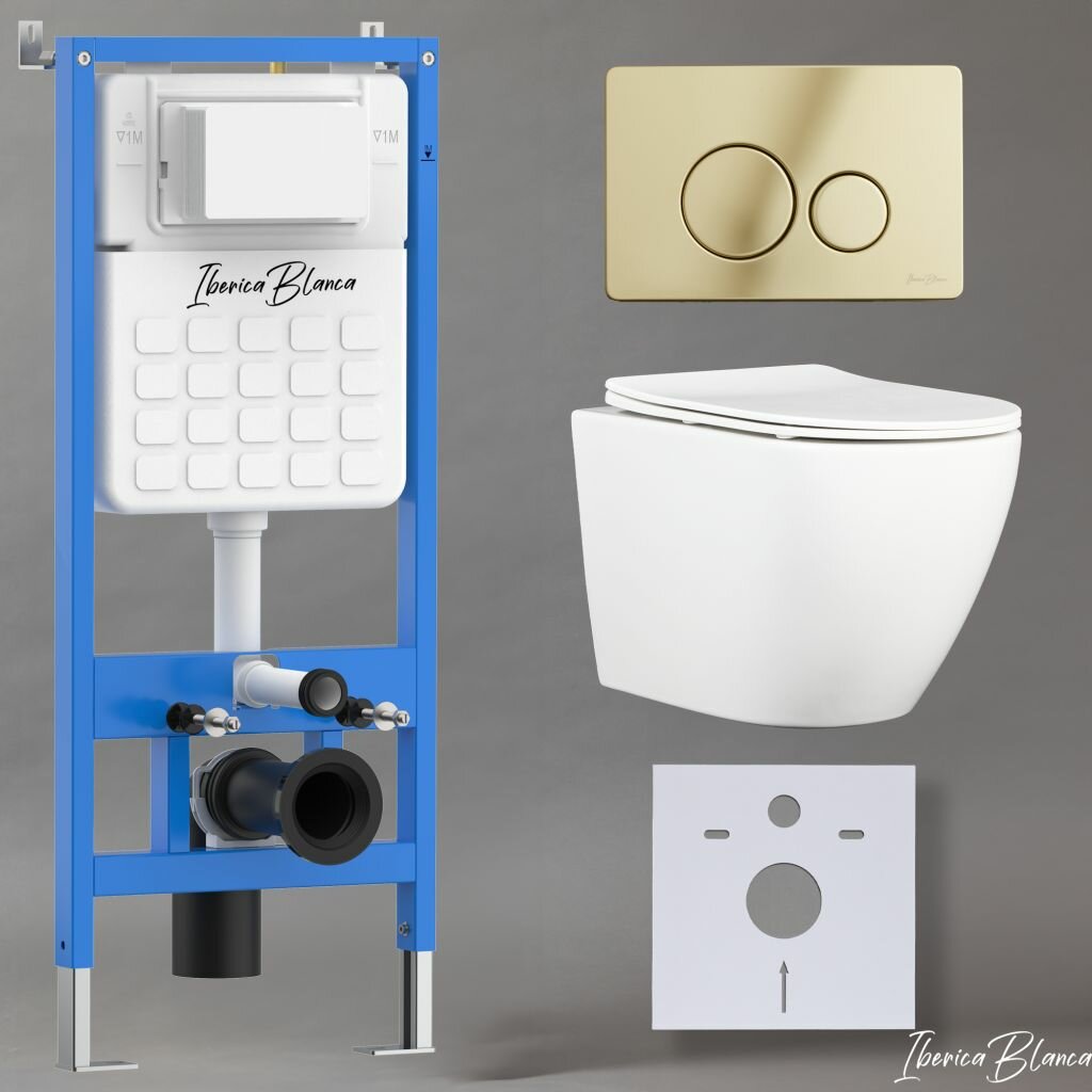 Комплект 6 в 1 инсталляция, унитаз безободковый белый BILBAO ALTO, шумоизоляция, сиденье микролифт, крепления, клавиша золото глянцец, нержавеющая сталь INOX-O, IBERICA BLANCA