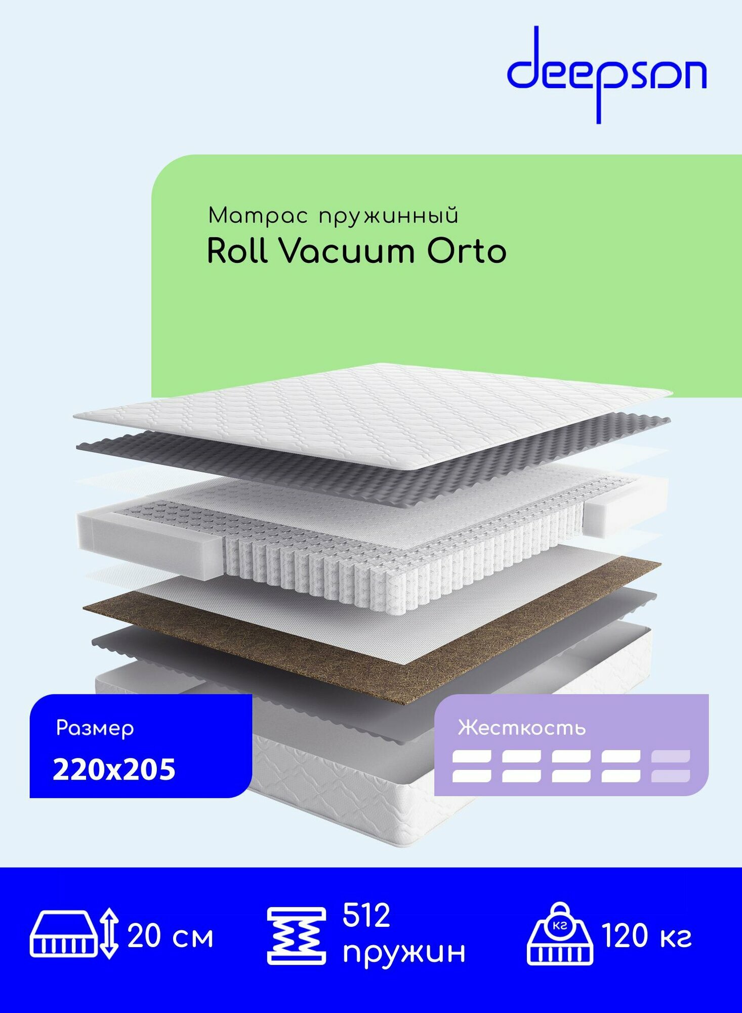 Матрас 220x205 ортопедический независимые пружинны Deepson Roll Vacuum Orto S500