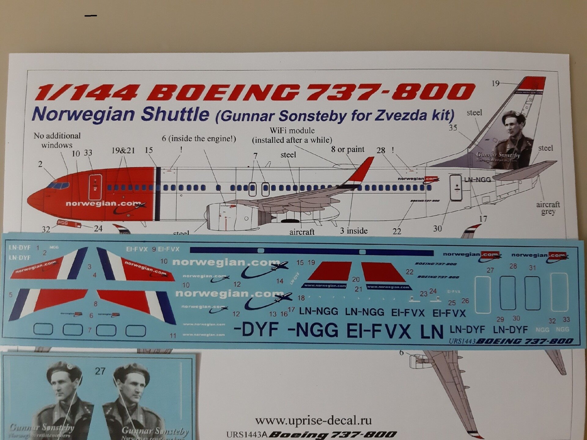 URS1443a Декали для Boeing 737-800 Norwegian Shuttle LN-NGG (Gunnar Sonsteby) with stencils