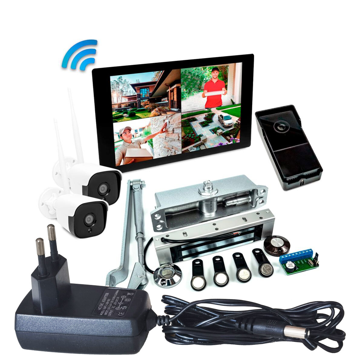 Радиоканальный видеодомофон с 2 камерами и электромагнитным замком - Sky Net 1000 (1+2+180G) (Y12503YKS): HD Wi-Fi монитор 10 дюймов, вызывная панел