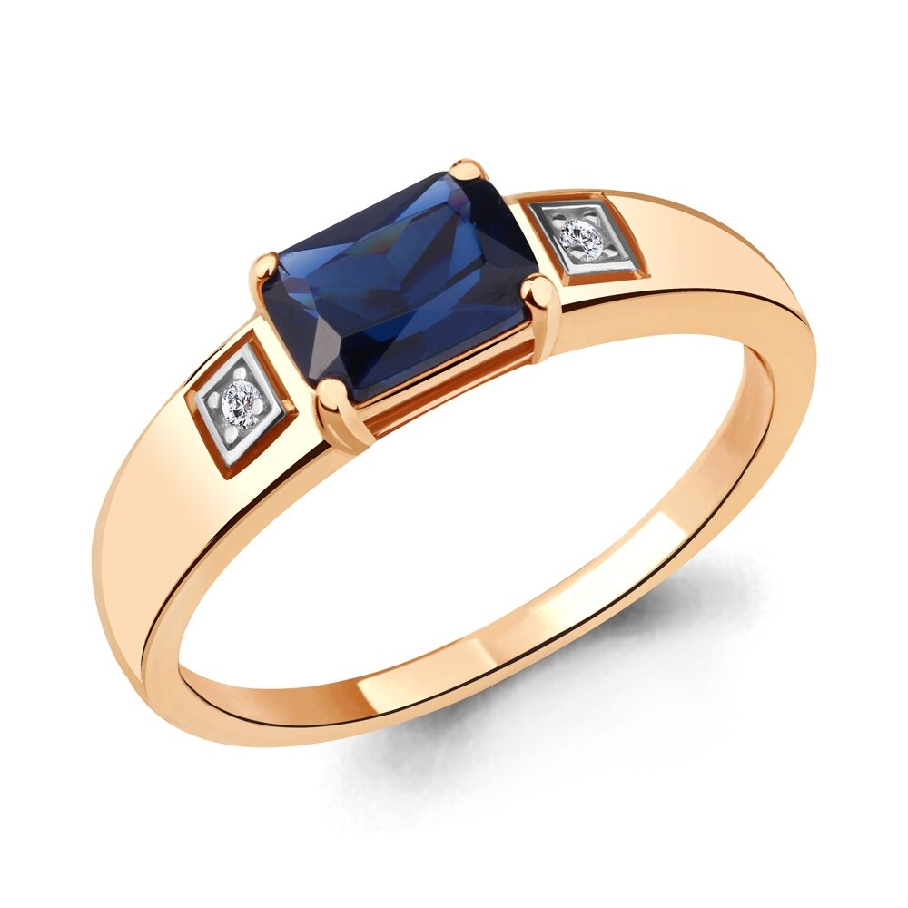 Кольцо, серебро, 925 проба, золочение, фианит, сапфир синтетический